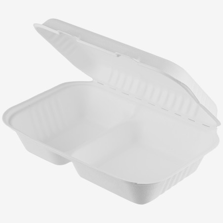 White sugarcane 2 compartment clamshell containers